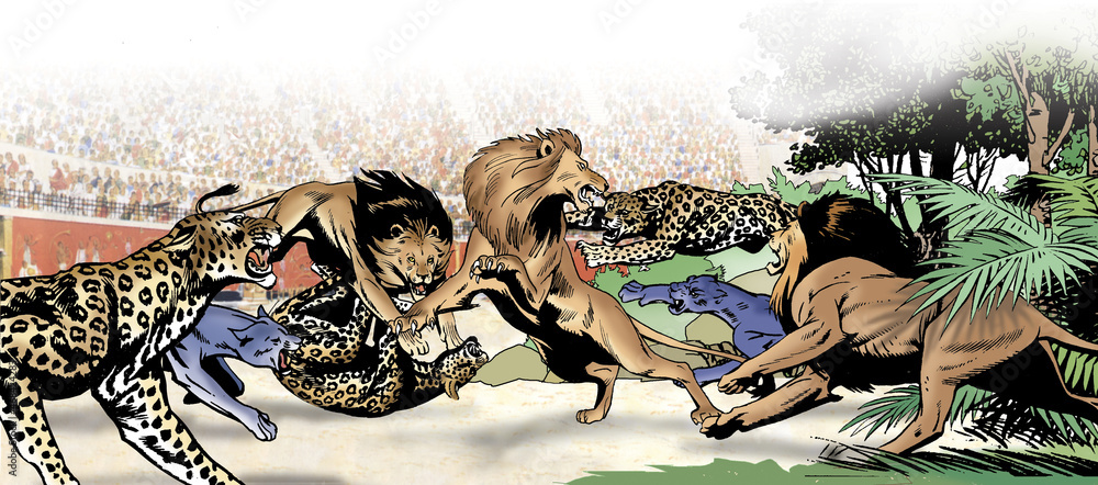 Ancient Rome - Fight between lions and leopards in a Roman amphitheater ...