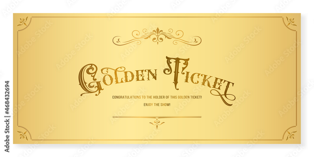 Golden ticket in vintage style. Vector premium ticket template in ...