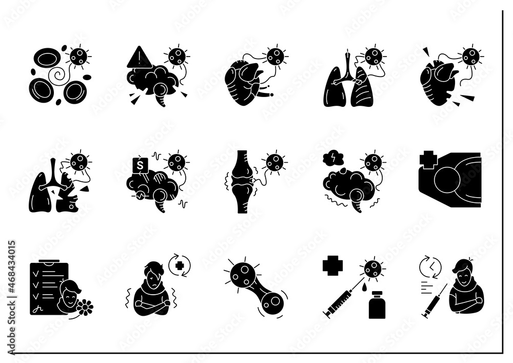 Corona virus effects glyph icon set.Covid long term system health ...