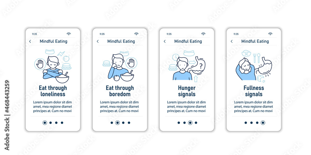 Mindful eating onboarding mobile app screens. Conscious, intuitive ...