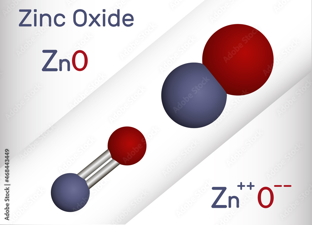 Zinc oxide, ZnO molecule. It is inorganic compound, mineral ingredient ... Zinc oxide, ZnO molecule. It is inorganic compound, mineral ingredient ...