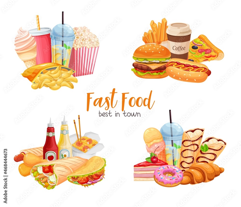 Fast food banners. Crepes, hamburger, wok noodles, hot dog, shawarma ...