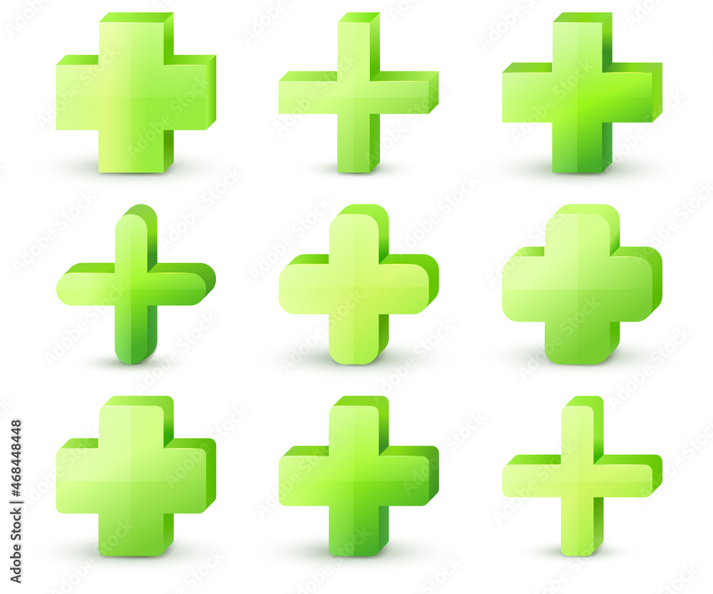 Green cross. Vector set. Cross symbol of safety guidance. Green plus ...