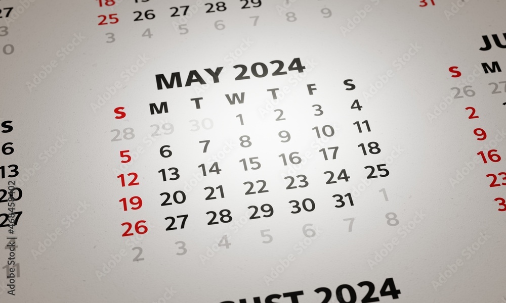 Calendar with month of May 2024 in focus. 3D rendering Stock ...