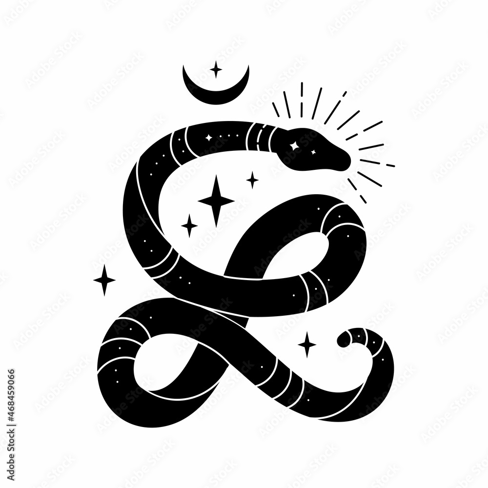 Vector black snake with mystical magic objects: moon and stars ...