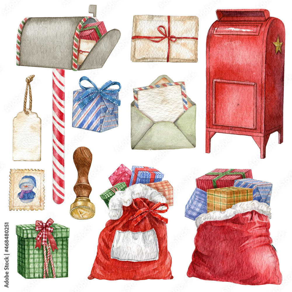 Watercolor Santa letters set elements. Vintage Christmas Santa grey and ...