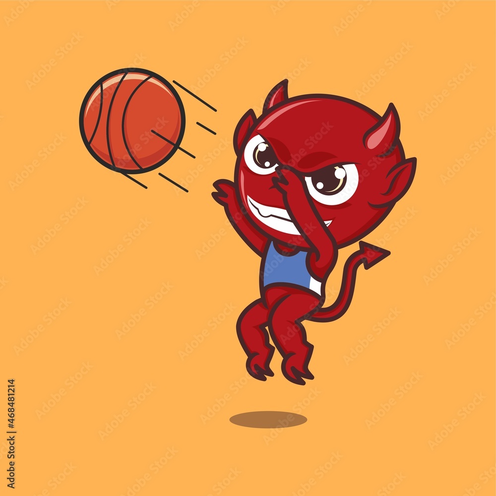cute cartoon devil playing basketball. vector illustration for mascot ...