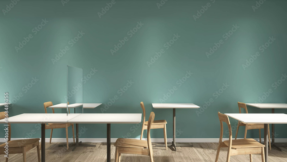3D render picture of an empty cafeteria with table and seat arranging ...