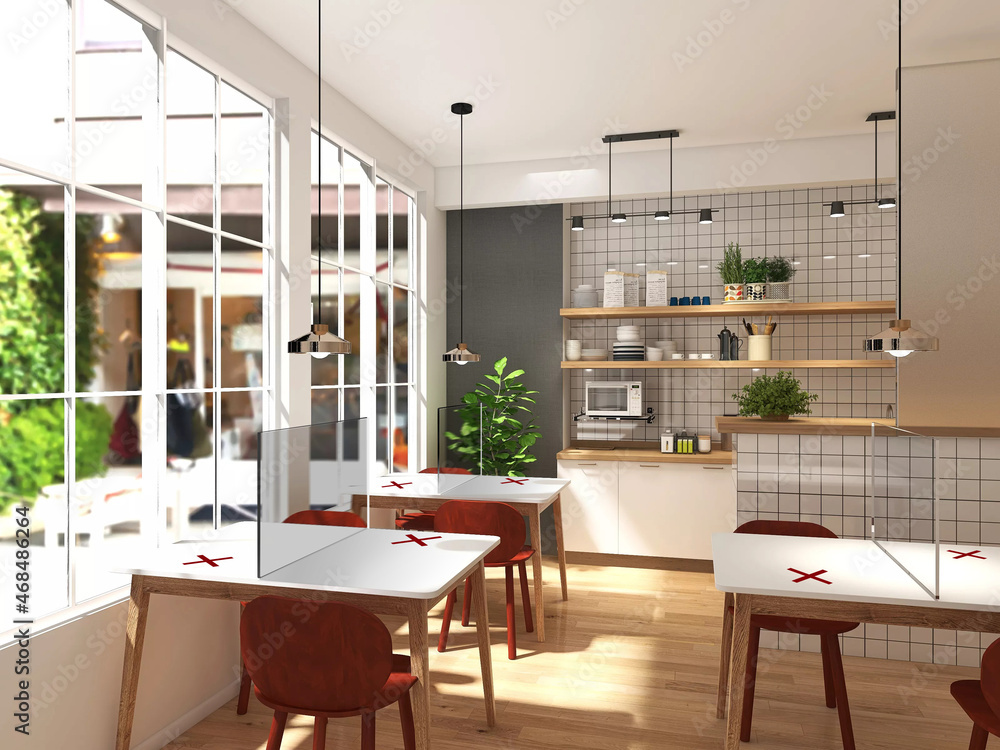 3D render image of a beautiful re-opening cafeteria under restrictions ...