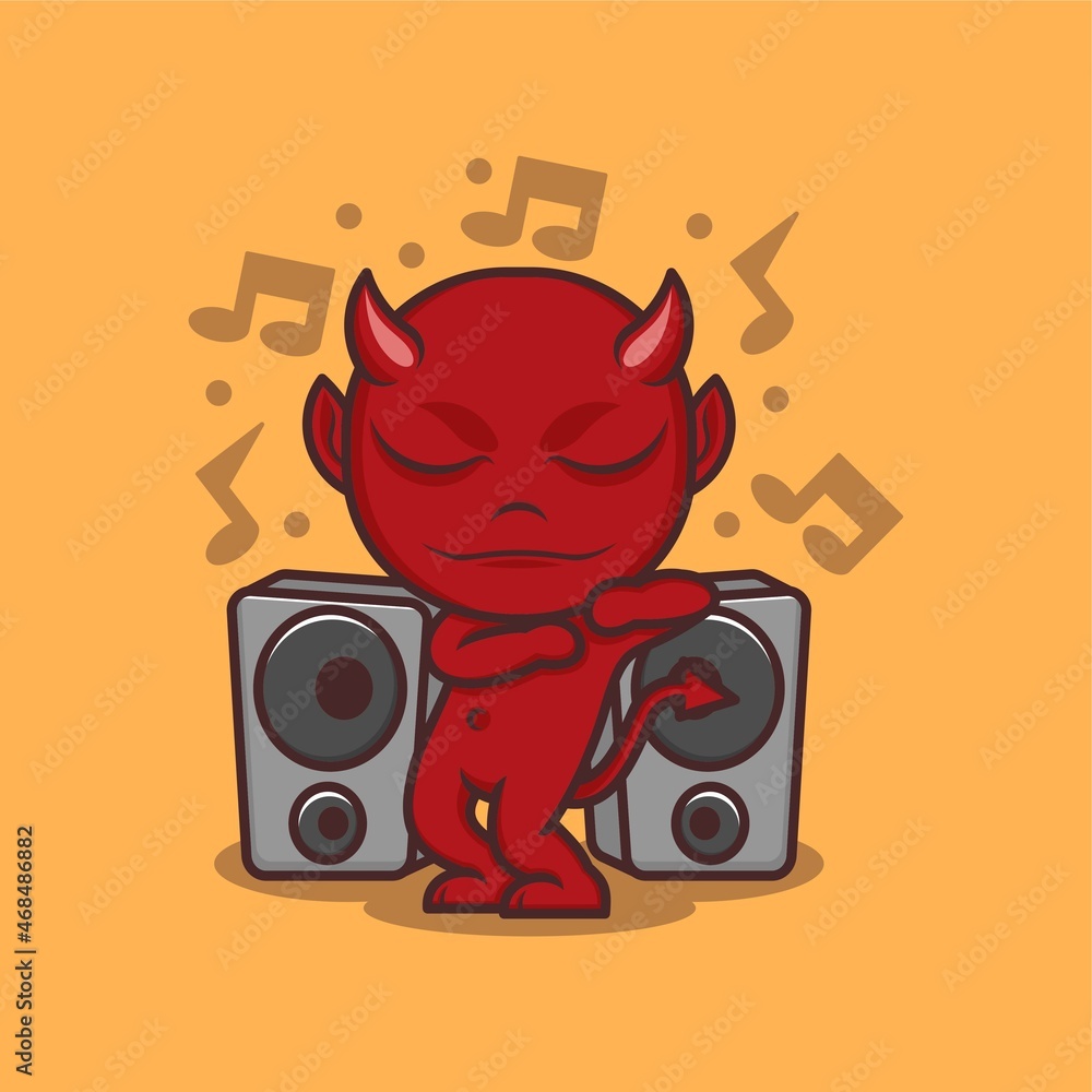 cute cartoon devil dancing with big speaker. vector illustration for ...