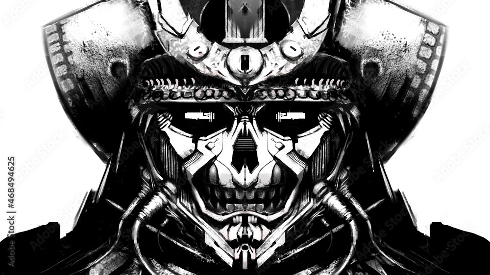 Terrifying cyber samurai wearing a high-tech oni mask with wires and a ...