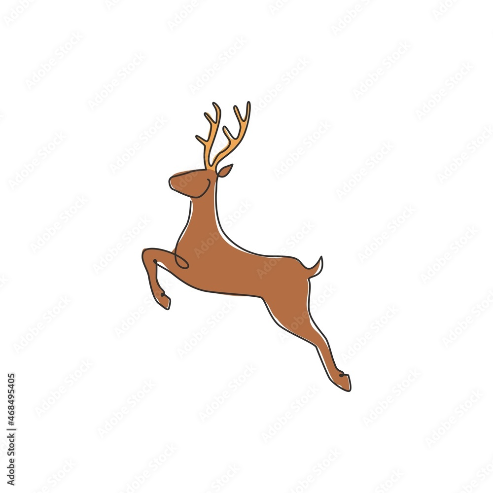 One continuous line drawing of jumping wild reindeer for national park ...