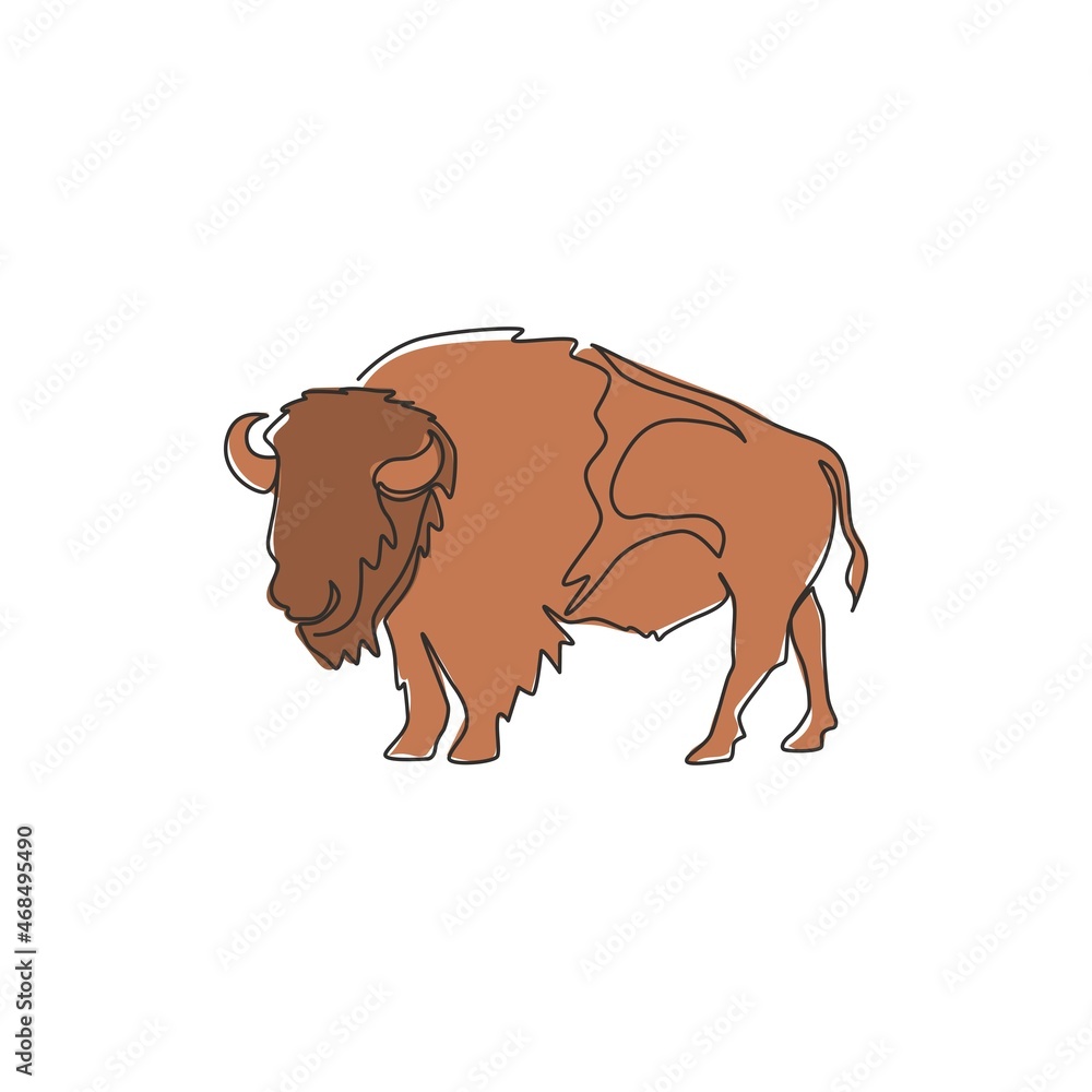 One continuous line drawing of strong north american bison for ...