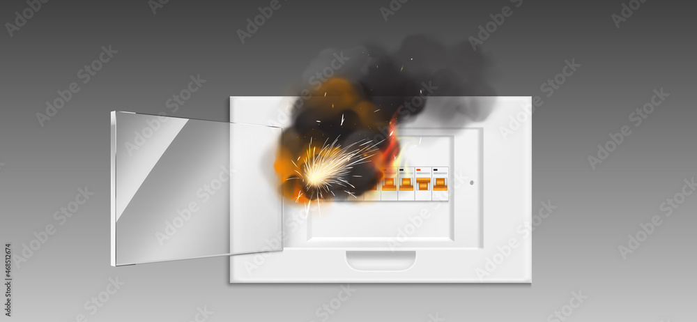 Poster Fuse box in fire, short circuit and overload in electrical panel ...
