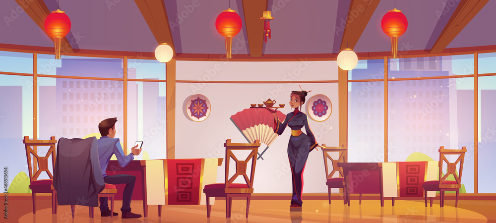 Tea ceremony in asian restaurant, woman wear traditional kimono serve ...