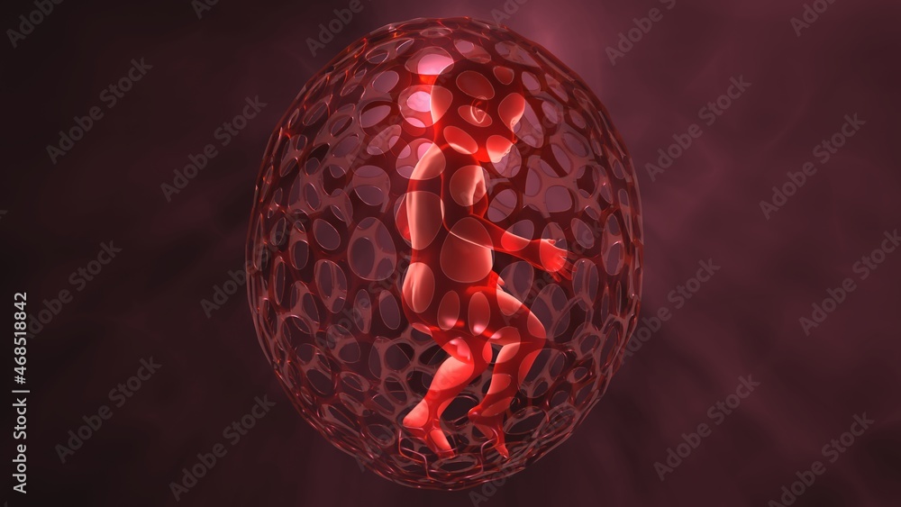 Human baby glowing transparent skin in egg shaped cocoon. Genetically ...
