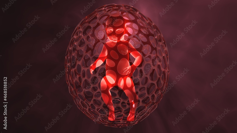 Human baby glowing transparent skin in egg shaped cocoon. Genetically ...
