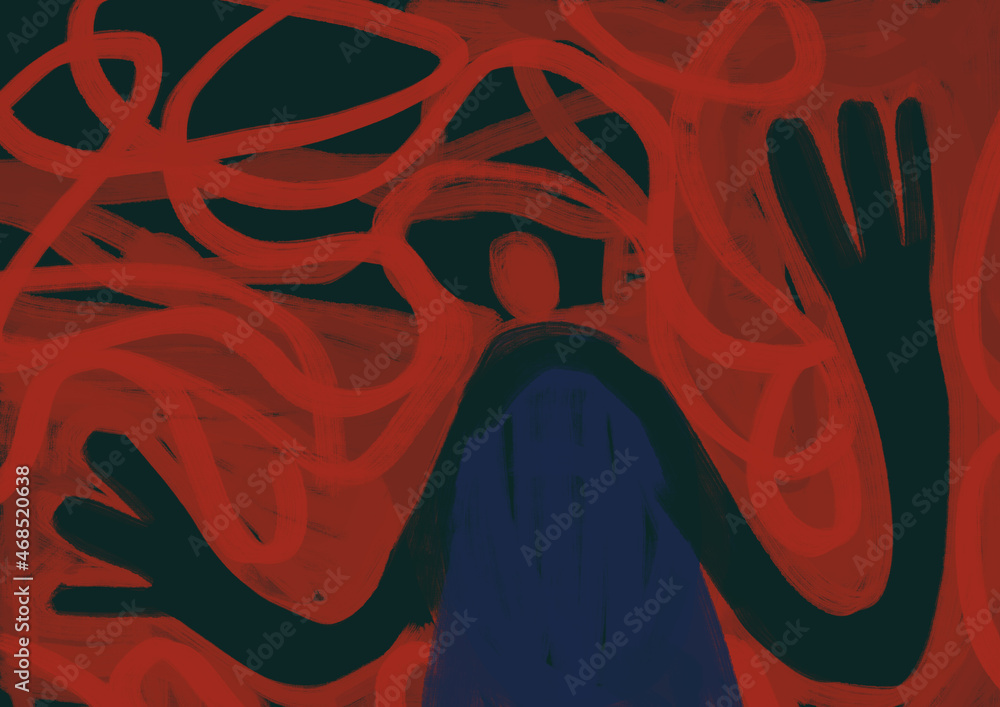 Somber figure with depression around with scribble and trouble red and ...