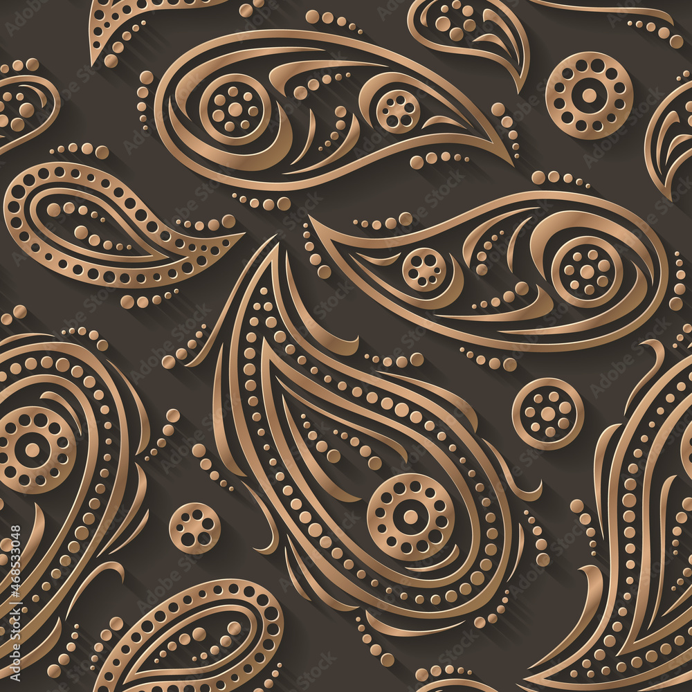 Gold paisley 3d background. Seamless pattern for decoration. Vector ...