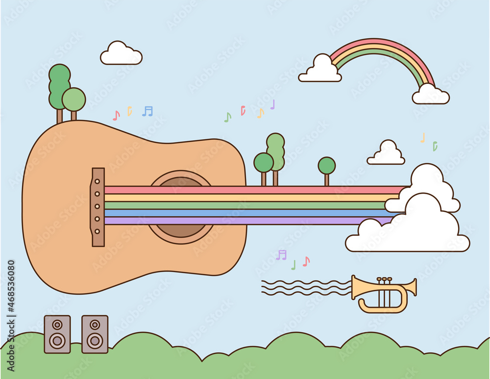 Acoustic guitar with rainbow. Cute sky background. flat design style ...