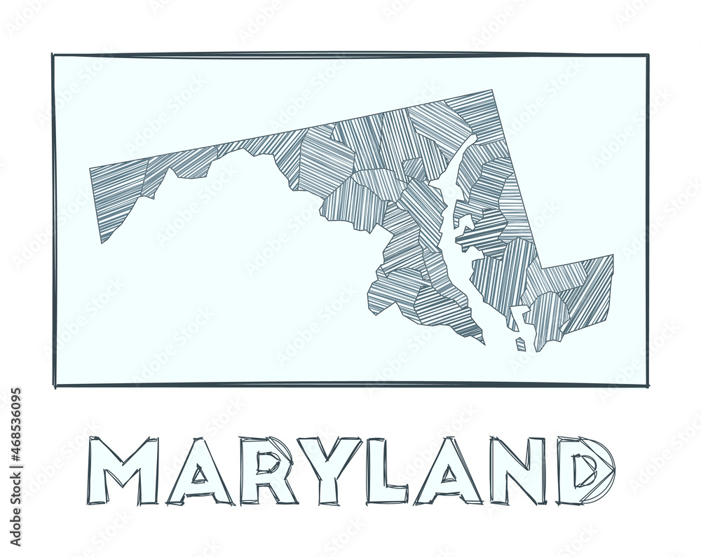 Sketch map of Maryland. Grayscale hand drawn map of the us state ...