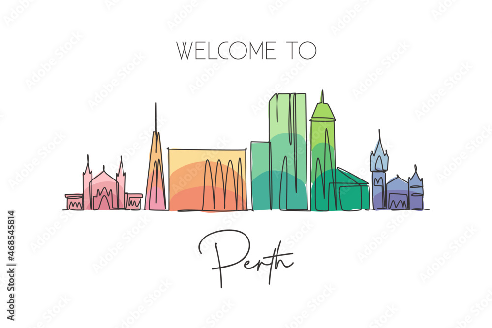 One single line drawing of Perth city skyline, Australia. Historical ...