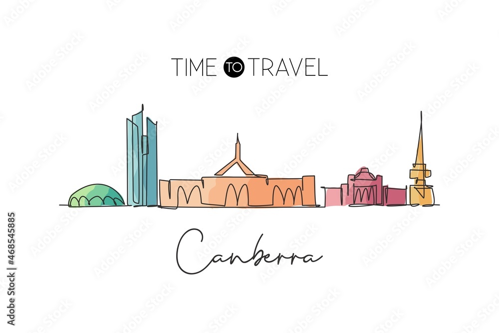 One continuous line drawing of Canberra city skyline, Australia ...