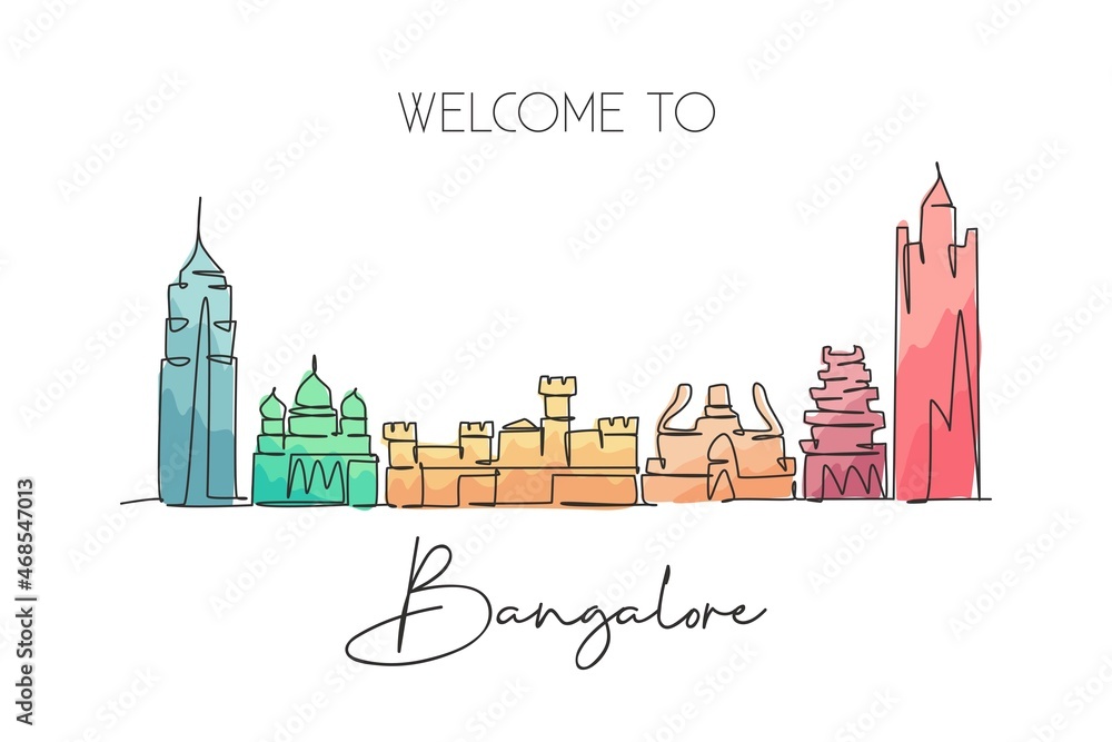 Single continuous line drawing Bangalore city skyline, India. Famous ...