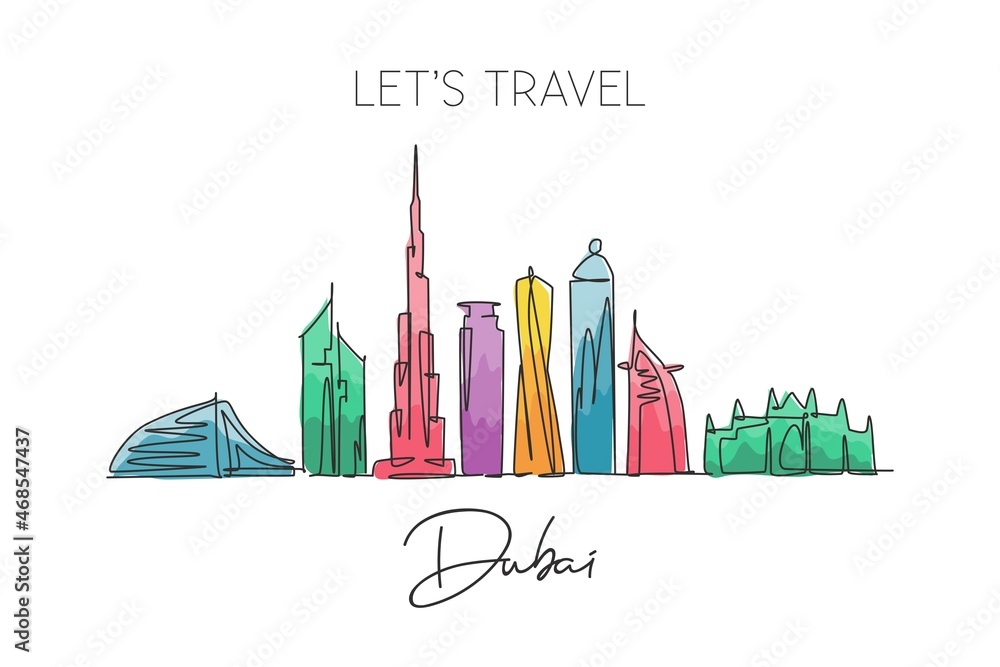 One single line drawing of Dubai city skyline, United Arab Emirates ...