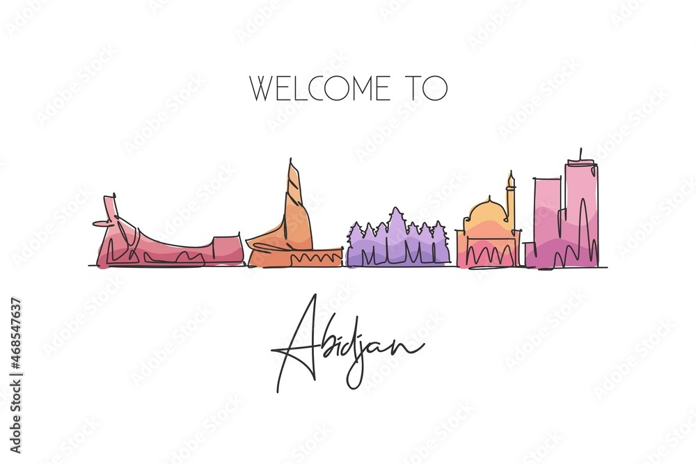 Single continuous line drawing of Abidjan city skyline, Ivory Coast ...