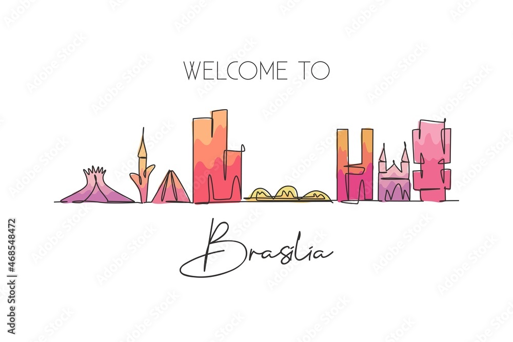 One continuous line drawing of Brasilia city skyline, Brazil. Beautiful ...