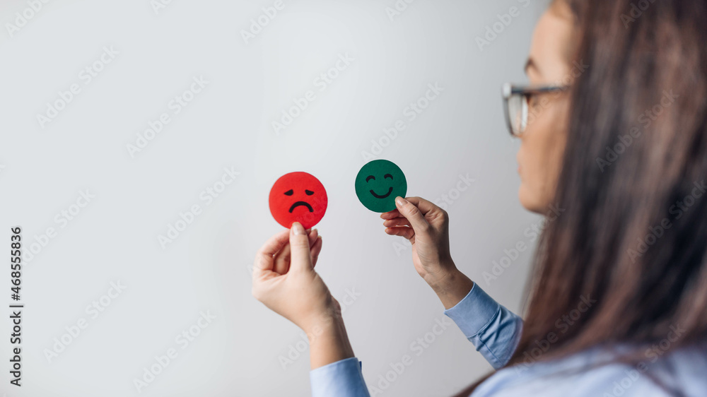 Customer giving rating and review with happy or sad face icons by ...