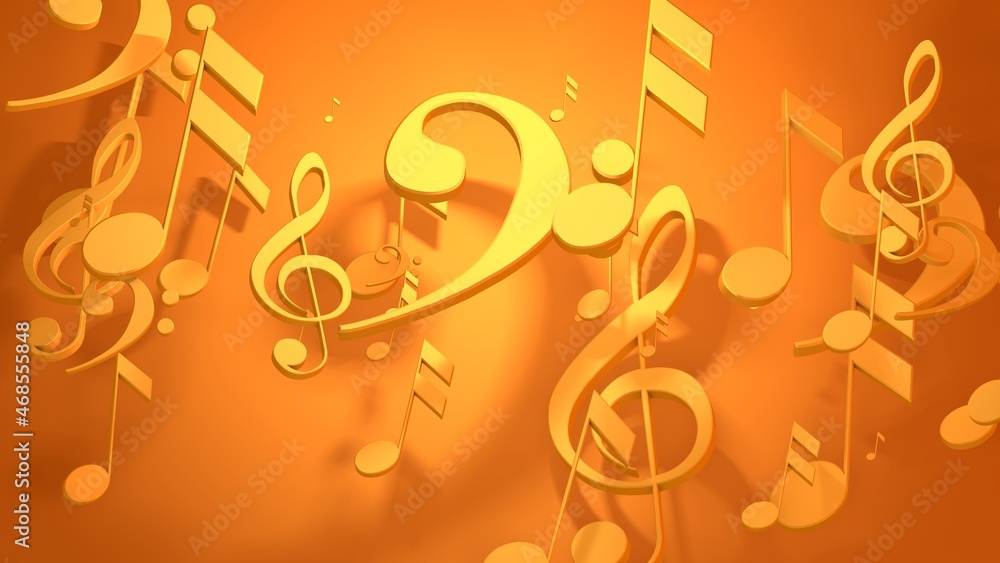 Flying music notes. Abstract orange background structure. Chaotic ...