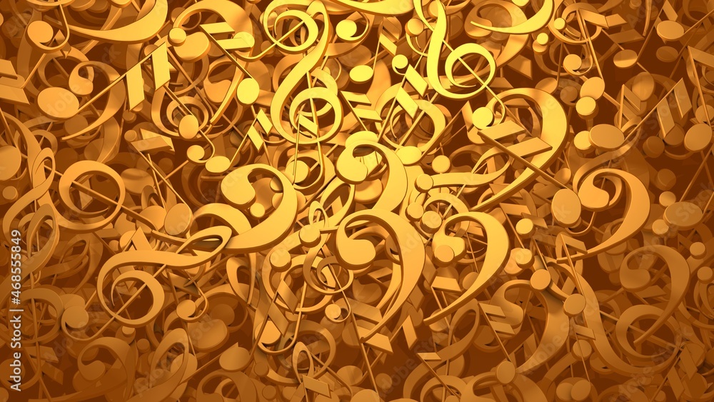 Flying music notes. Abstract orange background structure. Chaotic ...