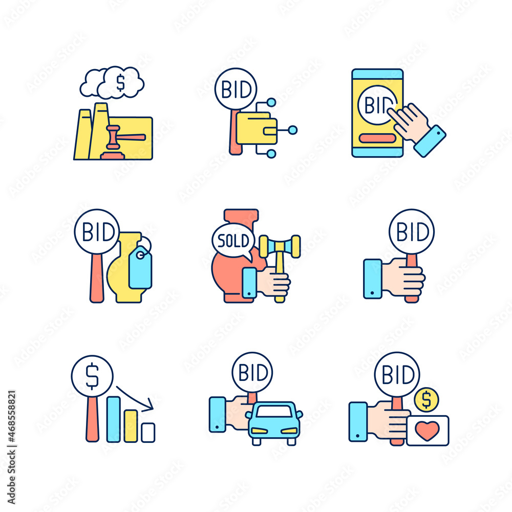 Types of auctions RGB color icons set. Auctioneer and participants ... Types of auctions RGB color icons set. Auctioneer and participants ...