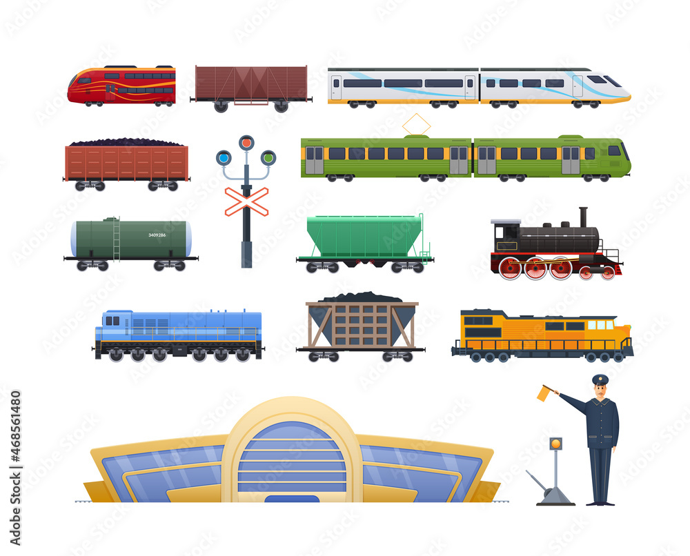 Railway station set. Express passenger cargo train wagon. Modern and ...