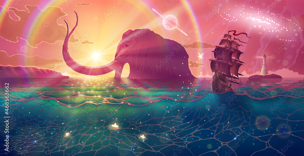 Fantasy summer sunset landscape drawing with magic blue sea and ship ...