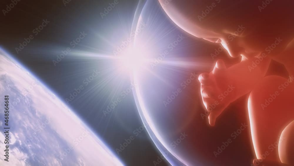 Human fetus floating in slow motion surrounded by a bubble, above ...