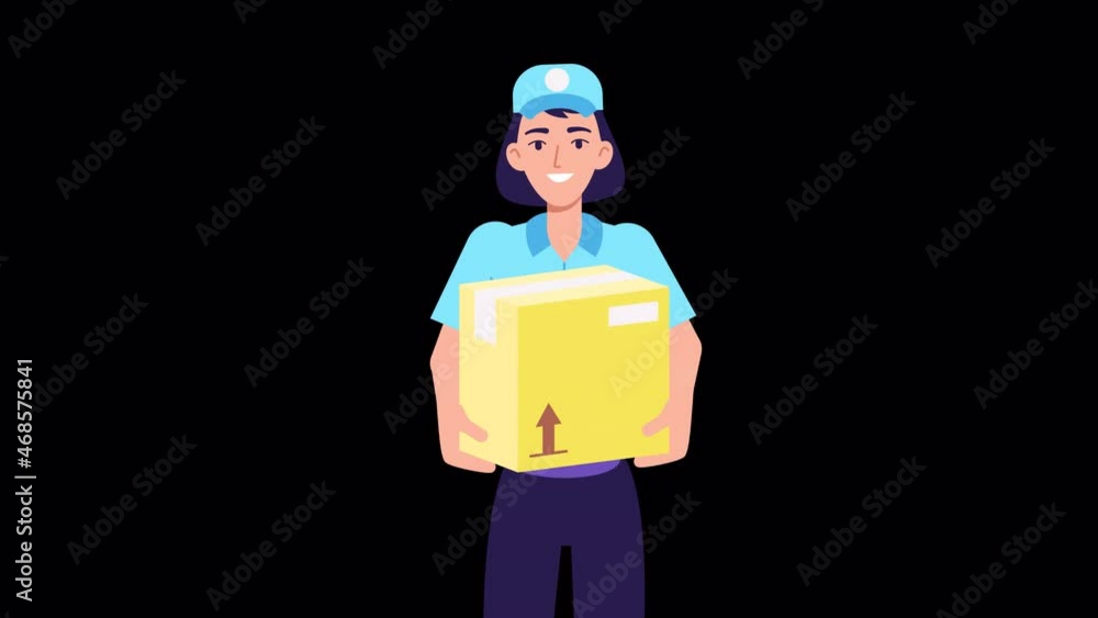 Delivery concept animation. Female courier with package box in hands ...
