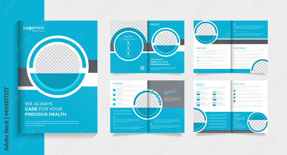 Medical brochure design template 8 pages layout with blue round shapes ...