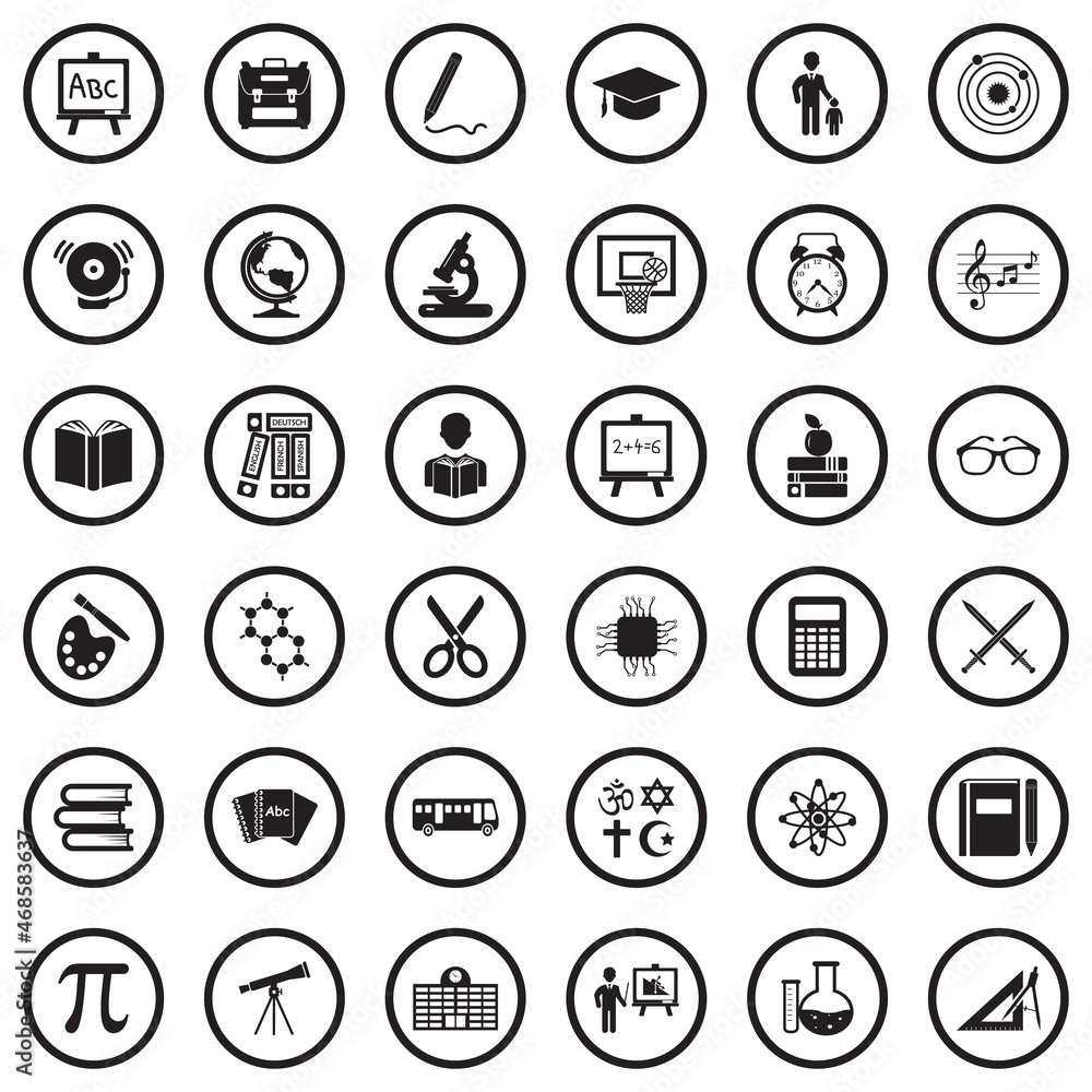 School Icons. Black Flat Design In Circle. Vector Illustration. Stock ...