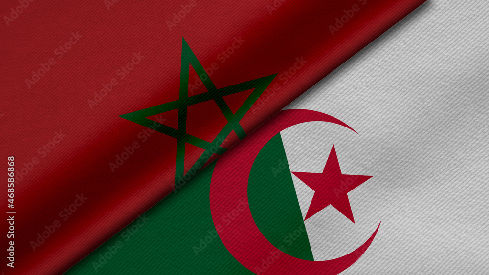 3D rendering of two flags of Kingdom of Morocco and People's Democratic Republic of Algeria ...