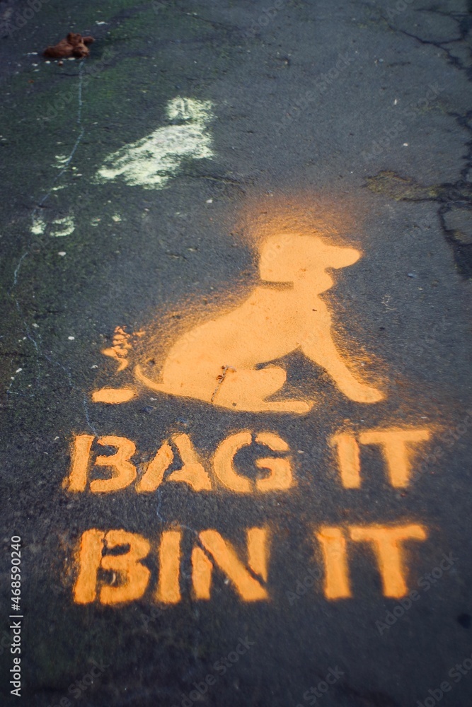 sign on the street stating : "Bag it, bin it" encouraging people to pick up after their dog ...