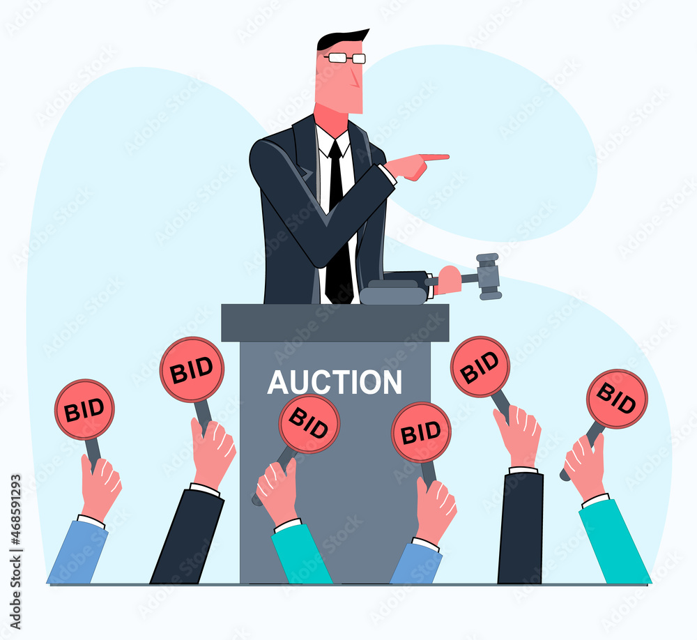 A businessman holds an auction, people hold bidding signs flat vector ...