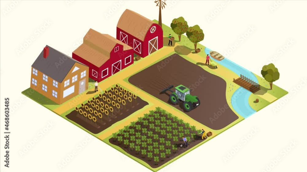 Farming or gardening concept. Moving characters harvest crops, water ...
