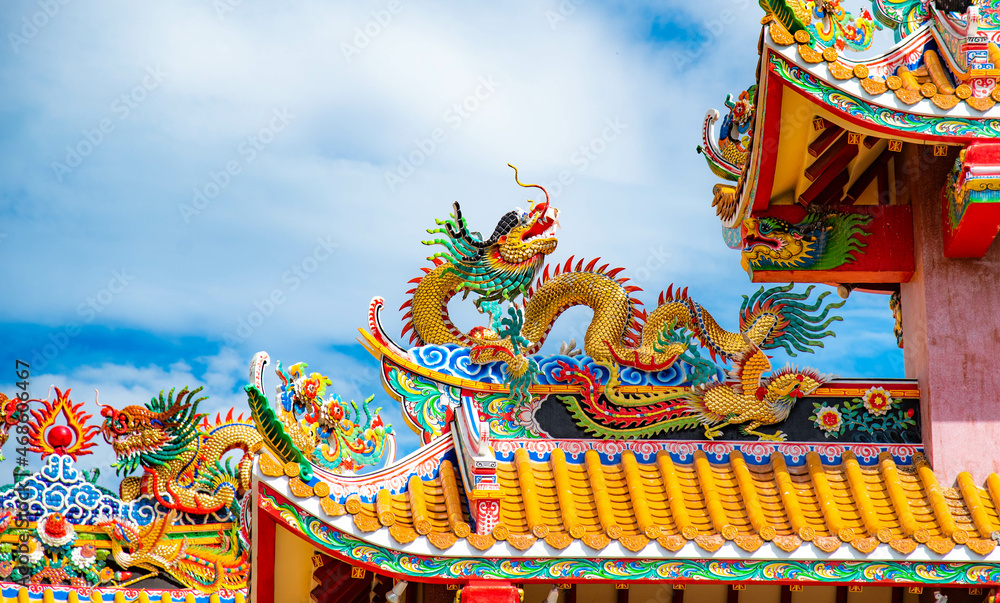 Dragon pattern on the arch and roof of Naja Shrine, Bangsaen, Chonburi ...