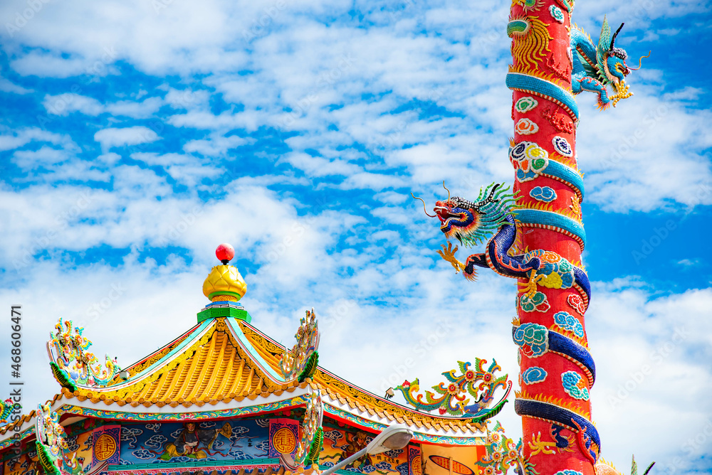 Dragon pattern on the arch and roof of Naja Shrine, Bangsaen, Chonburi ...