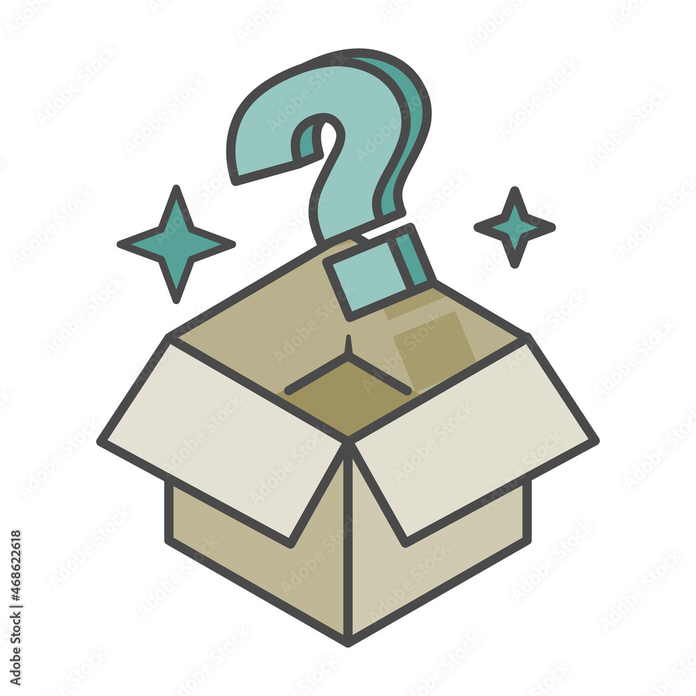 Open cardboard box with question mark. Mystery, question, surprise ...