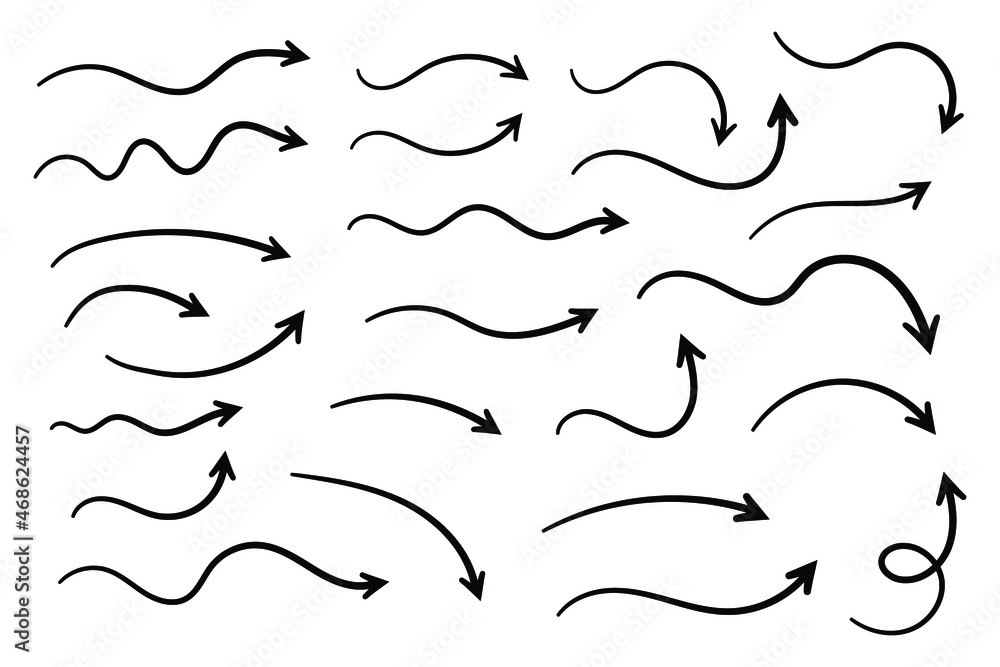 Hand drawn wavy arrows. Set of different pointers. Arrow on isolated ...