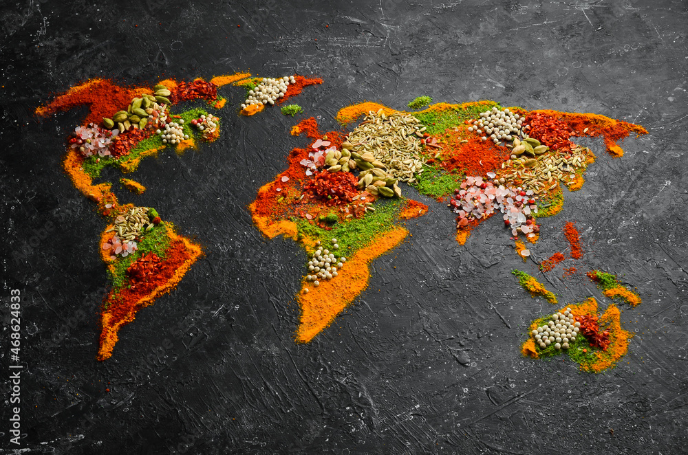 Spice banner. The map of the world is made of various spices and ...